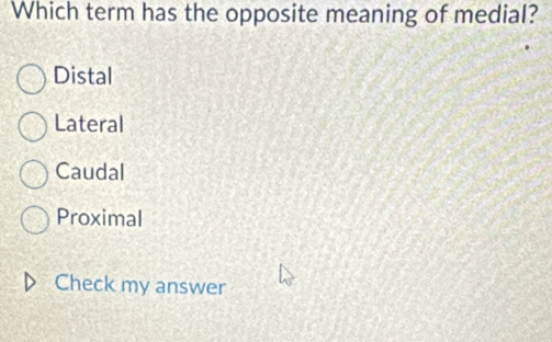 Solved: Which term has the opposite meaning of medial? Distal Lateral ...