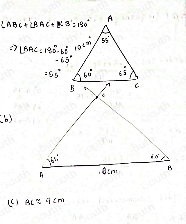 Solved: In a triangle ABC, AB=10cm , angle ABC=60° and angle ACB=65 ...