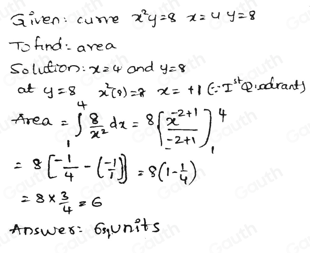 Solved: Find the area, in the first quadrant, bounded by the curve x^2y=8 , the lines x=4 y=8 ...