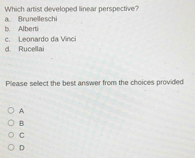 Solved: Which artist developed linear perspective? a. Brunelleschi b ...