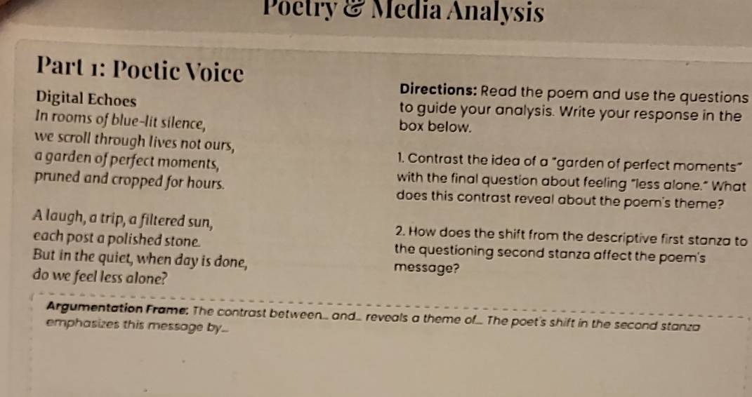 Solved: Poetry & Media Analysis Part 1: Poetic Voice Directions: Read ...