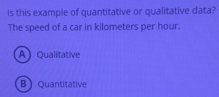 Solved: Is this example of quantitative or qualitative data? The speed ...
