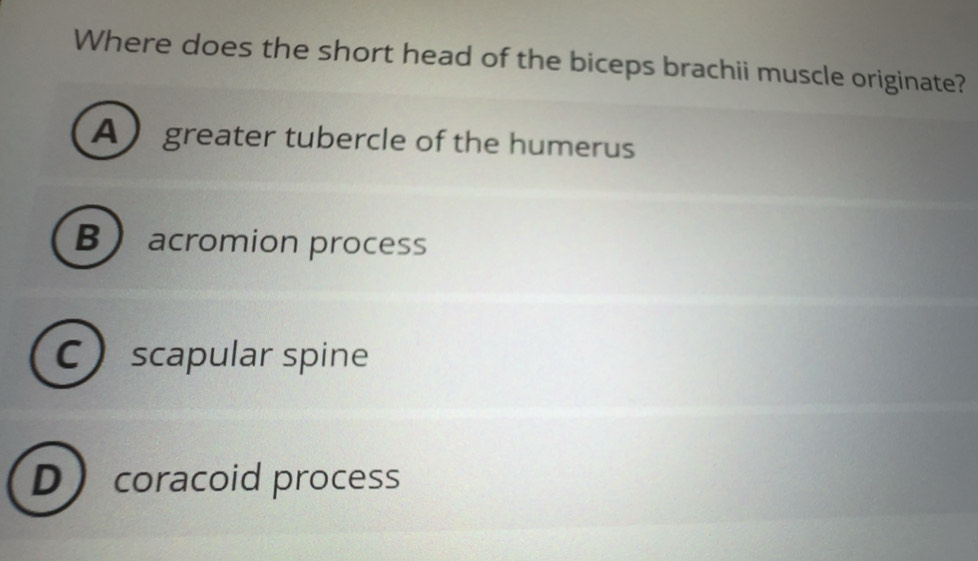 Solved: Where does the short head of the biceps brachii muscle ...
