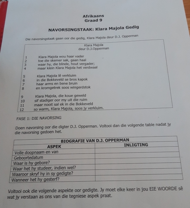 Solved: Afrikaans Graad 9 NAVORSINGSTAAK: Klara Majola Gedig Die ...