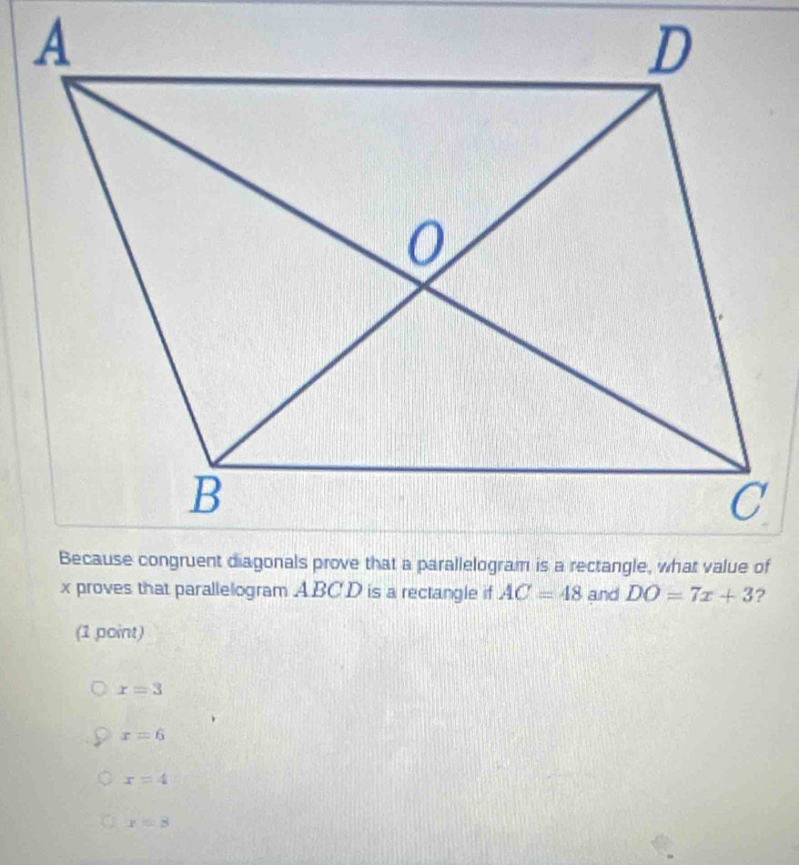 Solved: x proves that parallelogram ABCD is a rectangle if AC=48 and DO ...