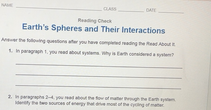 Gelöst:NAME _CLASS_ DATE_ Reading Check Earth's Spheres and Their ...