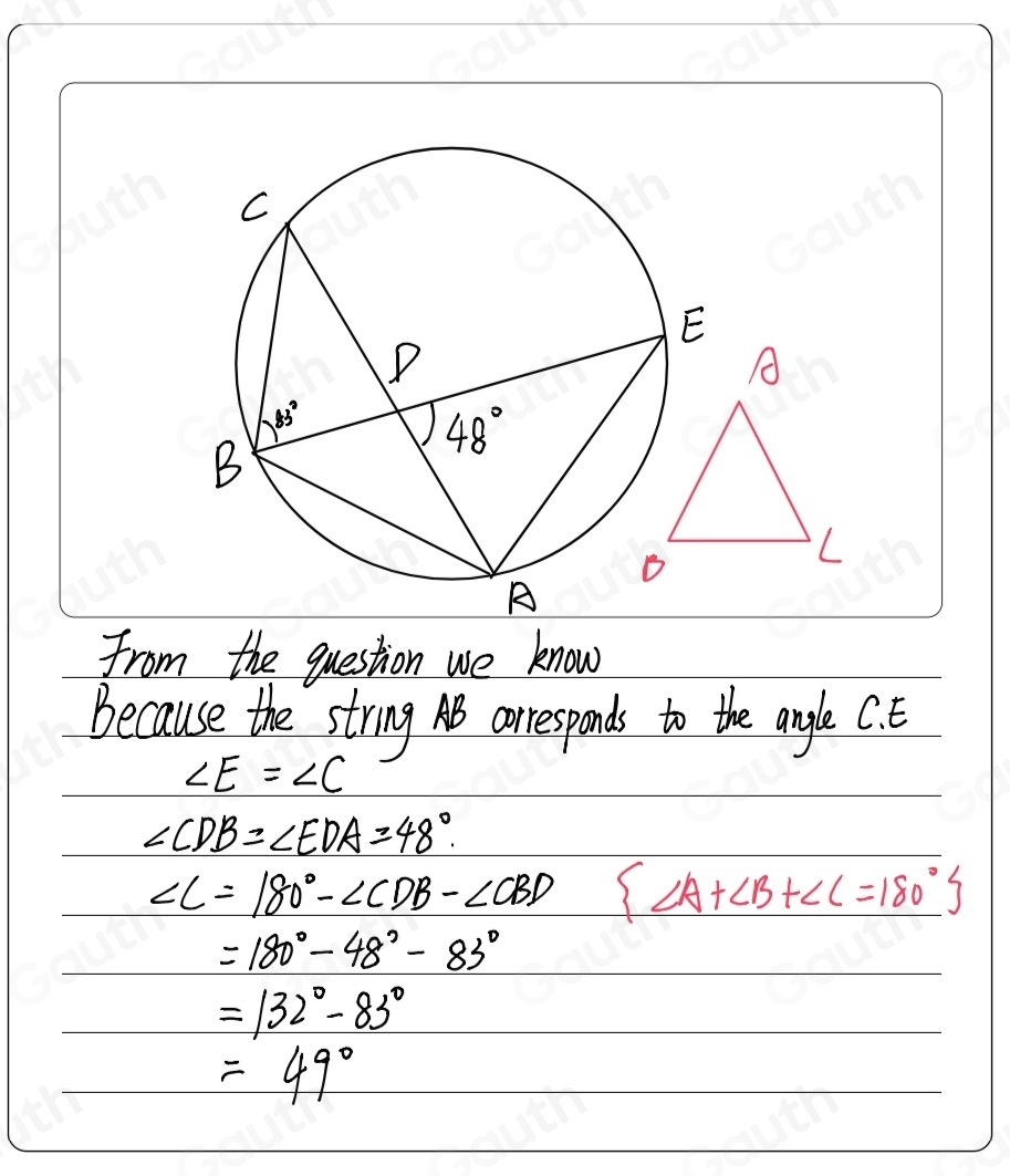 Solved: Angle ADE=48° Angle DBC=83° Calculate the size of angle DEA. Fully justify your answer ...