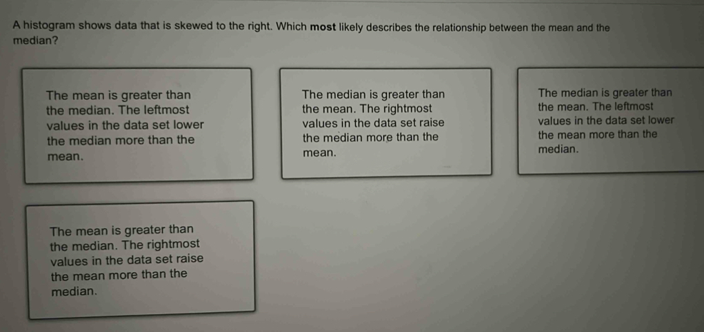 Solved: A histogram shows data that is skewed to the right. Which most ...