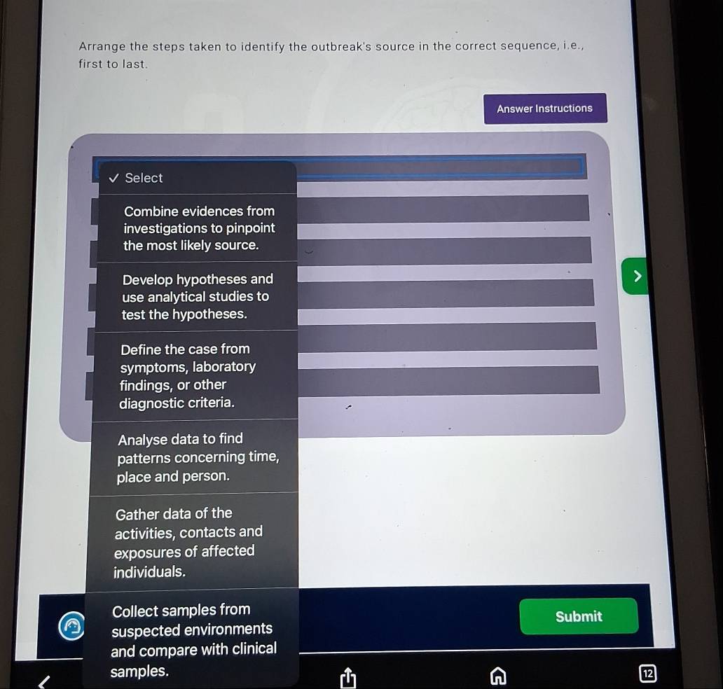 Solved: Arrange the steps taken to identify the outbreak's source in ...