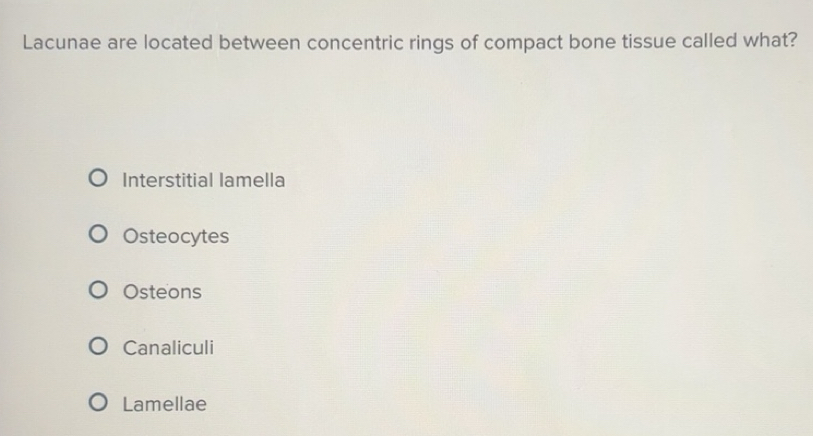 Solved: Lacunae are located between concentric rings of compact bone ...