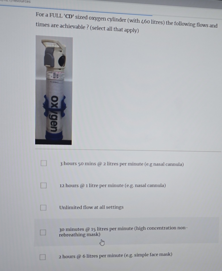 Solved: 1resources For a FULL 'CD" sized oxygen cylinder (with 460 ...