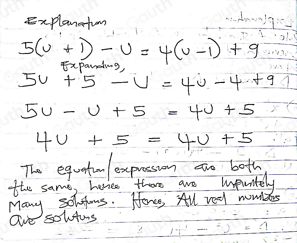 Solved: 5(u+1)-u=4(u-1)+9 No solution u= All real numbers are solutions [Math]