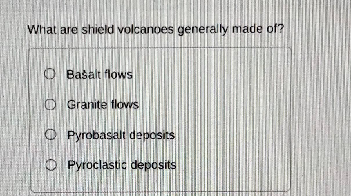 Solved: What are shield volcanoes generally made of? Bašalt flows ...