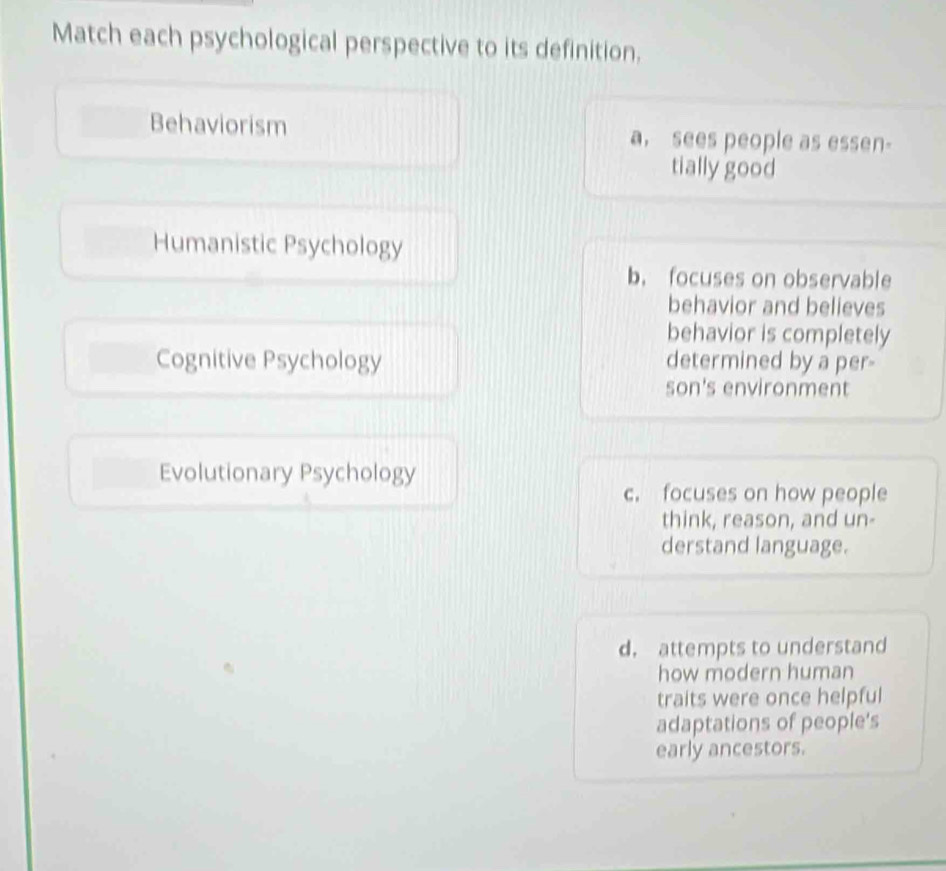 Solved: Match each psychological perspective to its definition ...