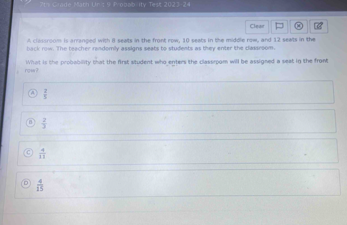 Solved: 7th Grade Math Unit 9 Probability Test 2023-24 Clear x A ...