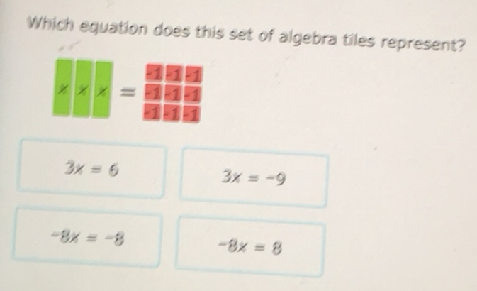 Solved: Which equation does this set of algebra tiles represent? x= 488 ...