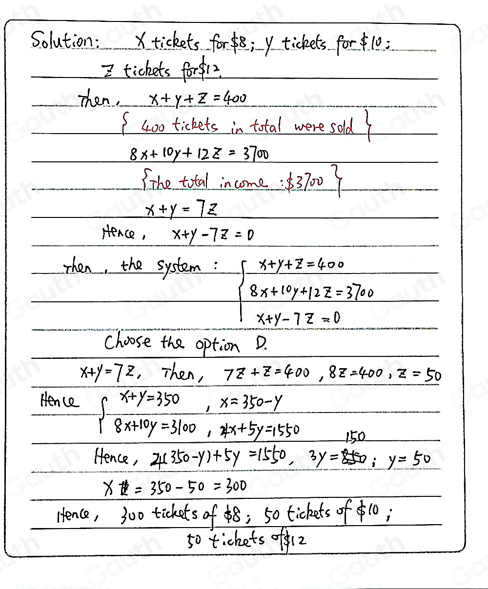 Solved: Use a system of linear equations in three variables to solve ...