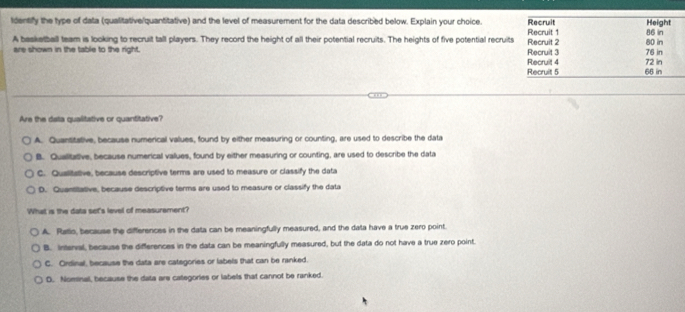 Solved: Identify the type of data (qualitative/quantitative) and the ...