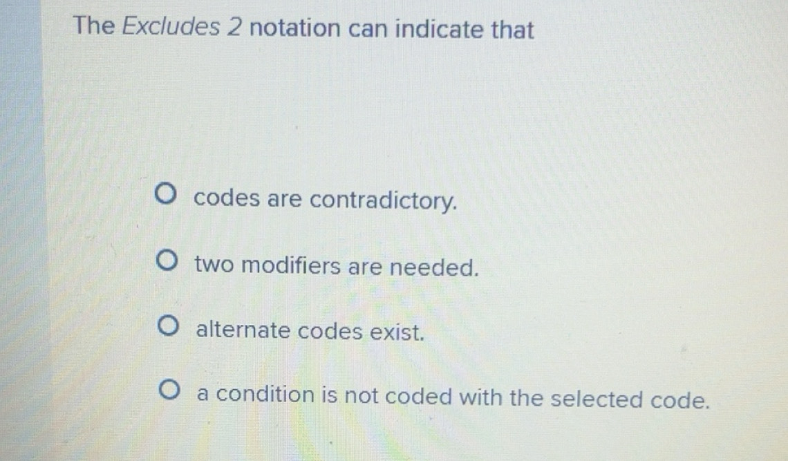 Solved: The Excludes 2 notation can indicate that codes are ...