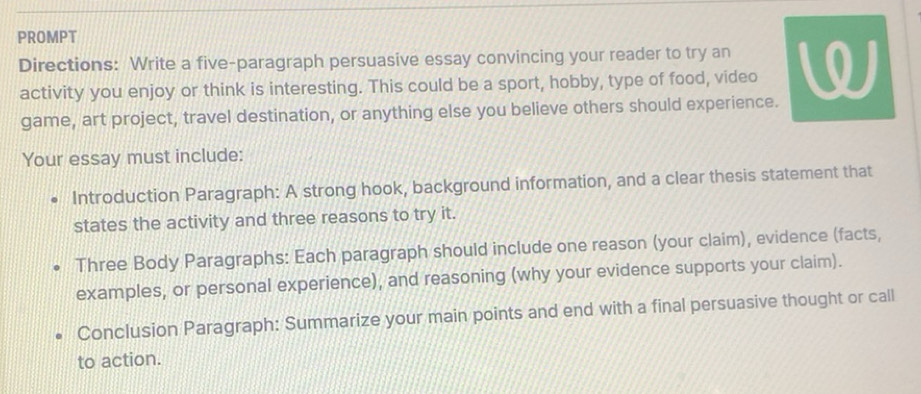 Solved: PROMPT Directions: Write a five-paragraph persuasive essay ...