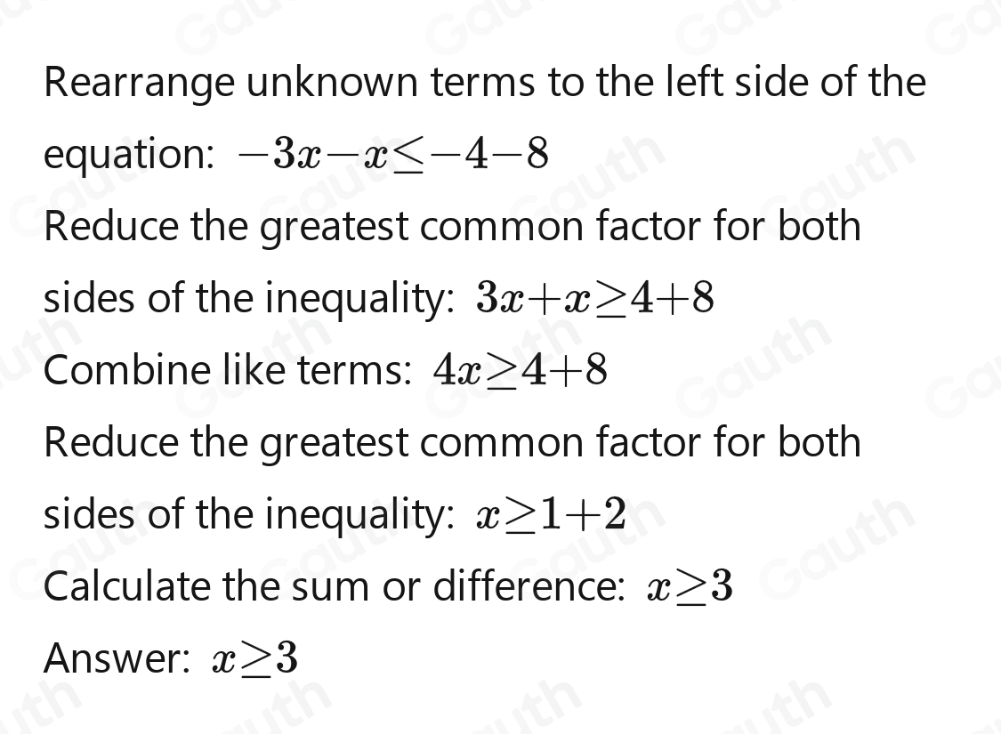 Solved: Solve the inequality 8-3x≤ x-4 [Math]