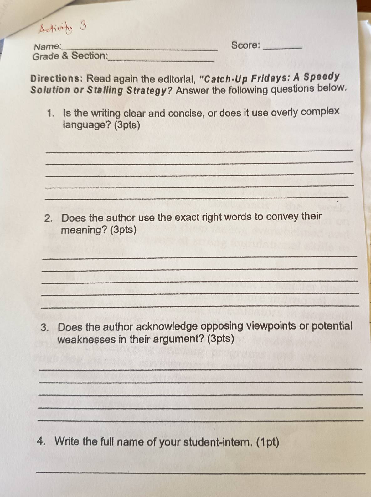 Solved: Activity 3 Name:_ Score:_ Grade & Section:_ Directions: Read ...