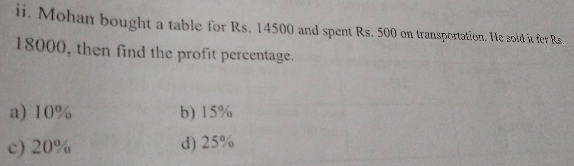 Solved: Mohan bought a table for Rs. 14500 and spent Rs. 500 on ...
