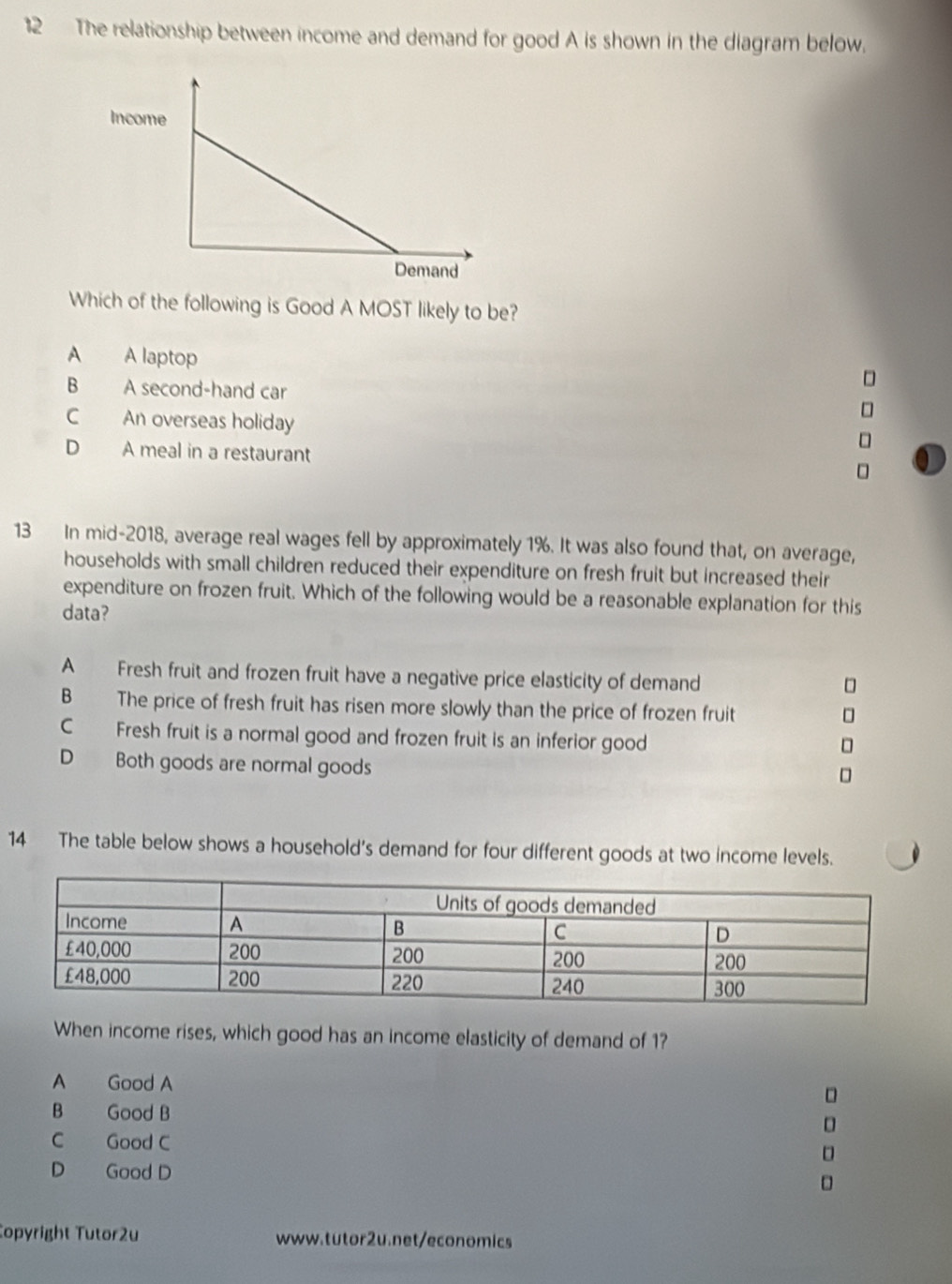 Solved: The relationship between income and demand for good A is shown ...