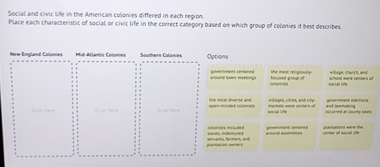 Solved: Social and civic life in the American colonies differed in each ...
