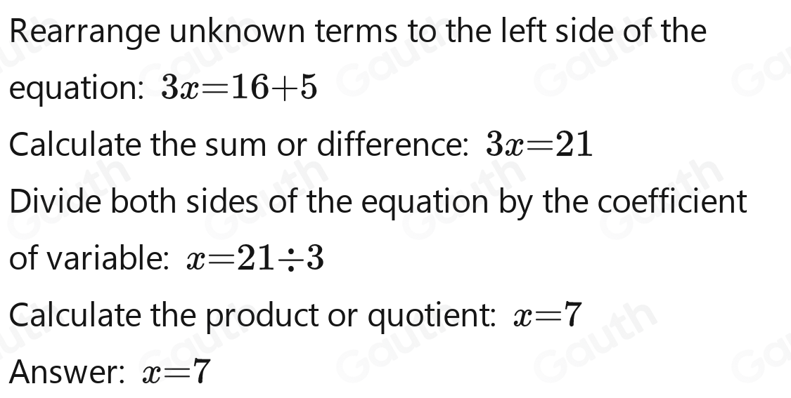 Solved: 3x-5=16 [Math]