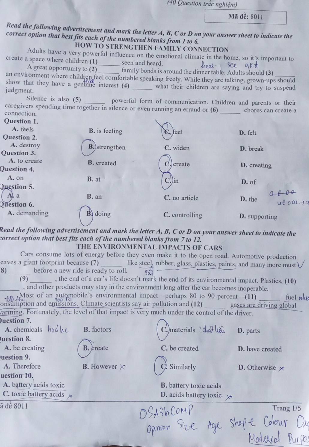 Giải quyết:(40 Question trắc nghiệm) Mã đề: 8011 Read the following ...