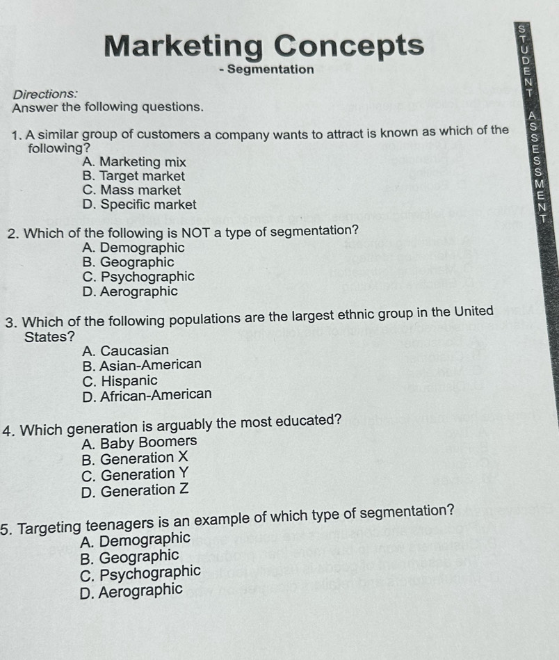 Solved: Marketing Concepts T - Segmentation Directions: Answer the ...