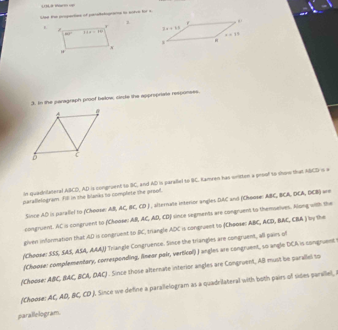 Solved: U3L9 Warm up Use the properties of parallelograms to solve for ...