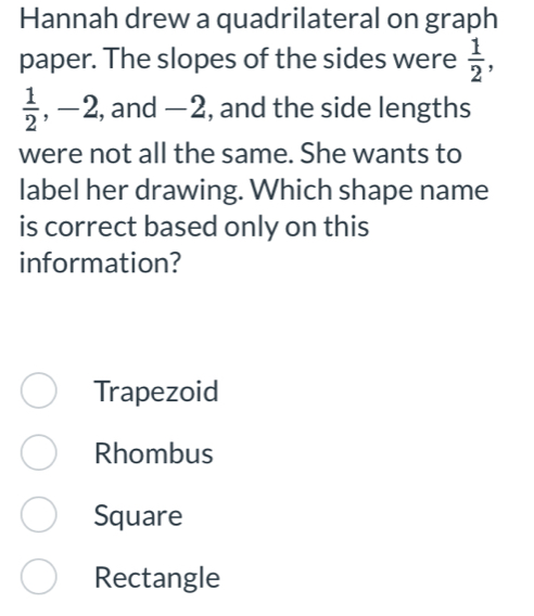 Hannah drew a quadrilateral on graph paper. The slopes of the sides ...