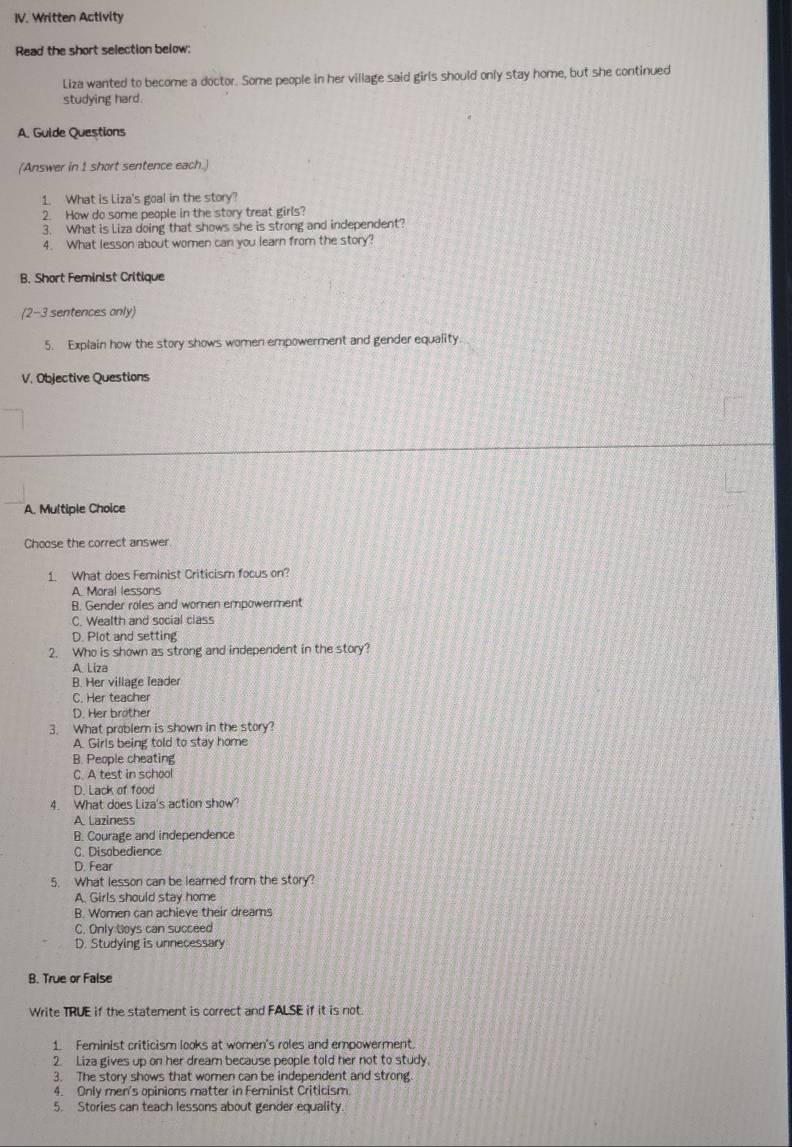 Solved: Written Activity Read the short selection below: Liza wanted to ...
