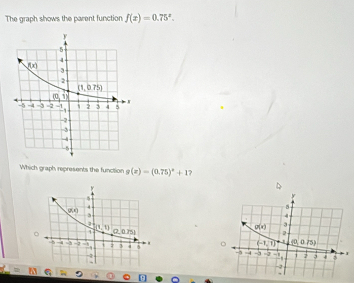 Solved: The graph shows the parent function f(x)=0.75^x. Which graph ...