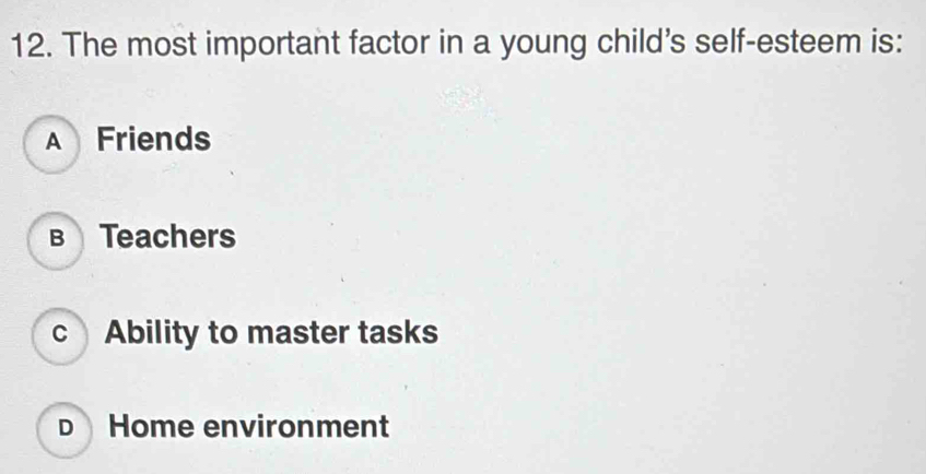 Solved: The most important factor in a young child's self-esteem is: A ...