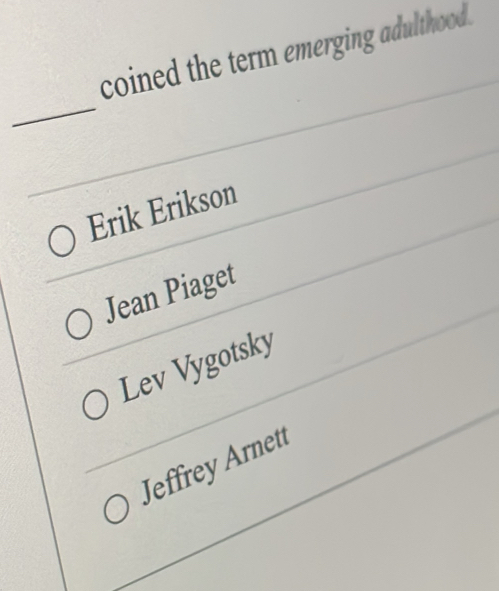 Solved: coined the term emerging adulthood. _ Erik Erikson Jean Piaget ...