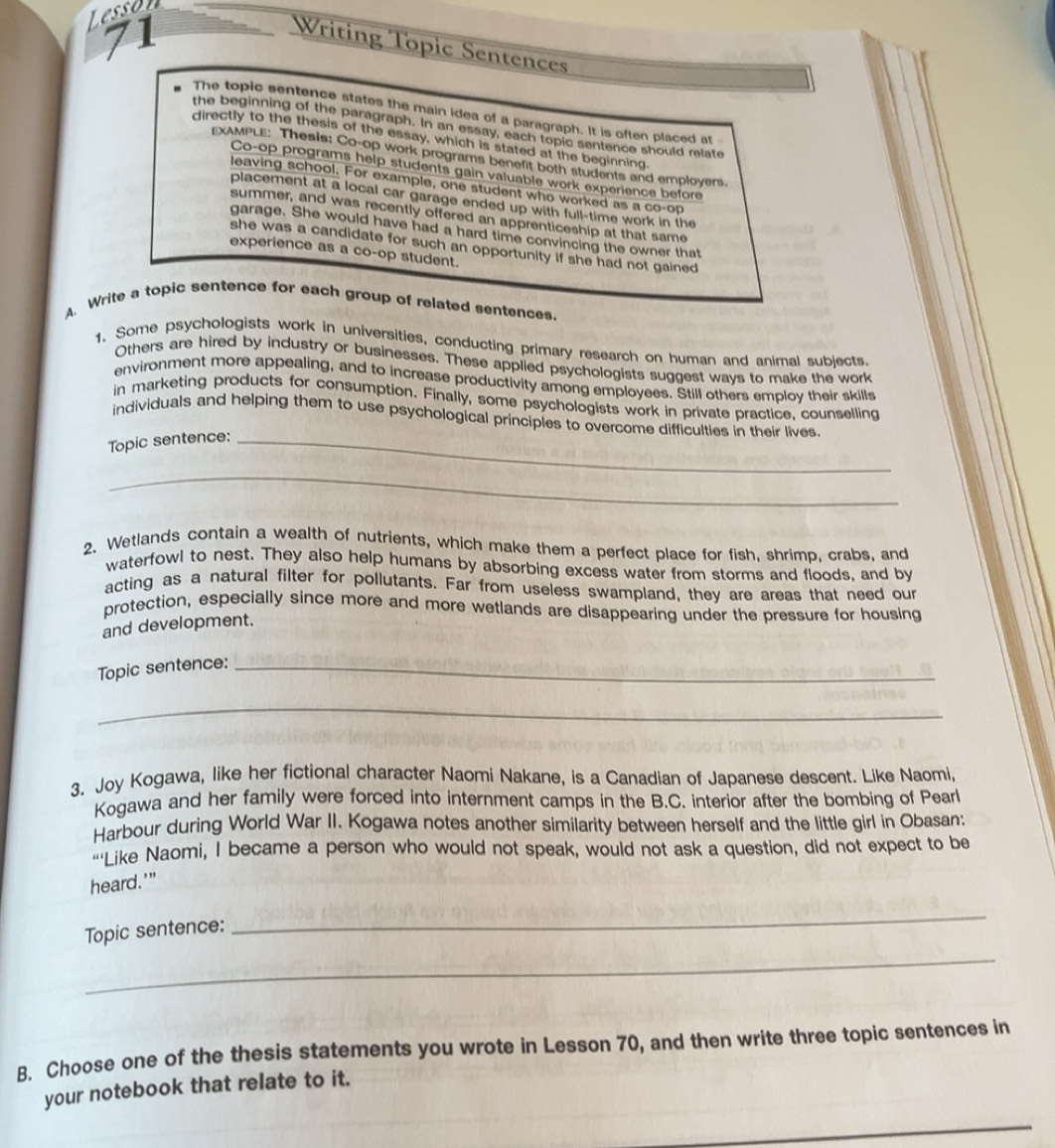 Solved: Lesson 71 Writing Topic Sentences The topic sentence states the ...