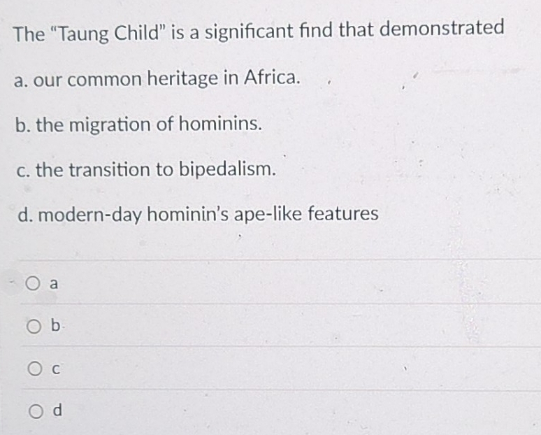 Solved: The “Taung Child” is a significant find that demonstrated a ...