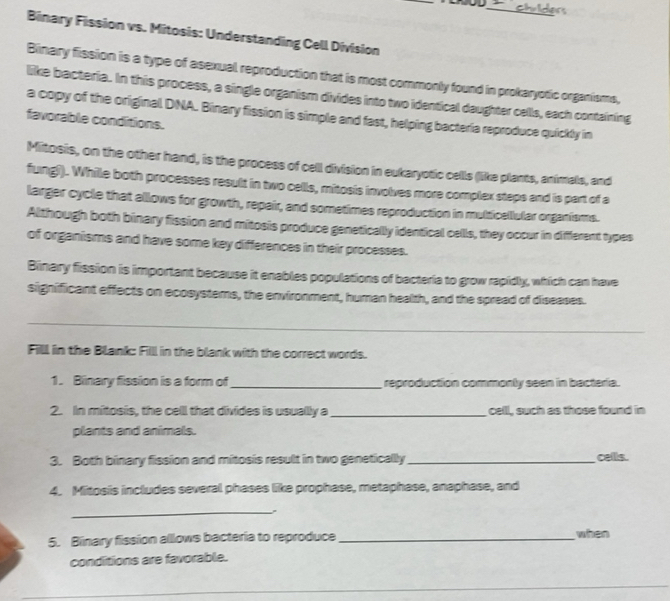 Solved: Binary Fission vs. Mitosis: Understanding Cell Division Binary ...