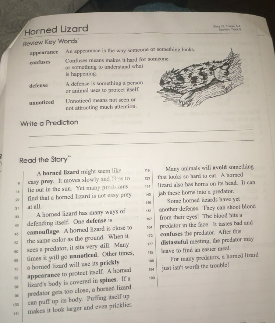 Solved: Horned Lizard Story 13, Tracks 1-4 Spianish, Track 5 Review Key ...