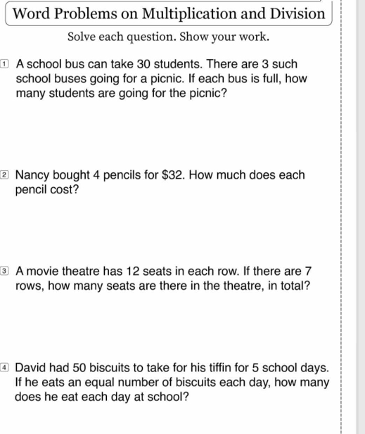 Solved: Word Problems on Multiplication and Division Solve each ...