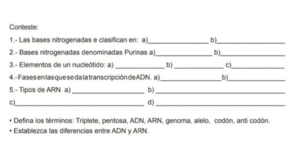 Resuelto:Conteste: 1.- Las bases nitrogenadas e clasifican en: a)_ b ...
