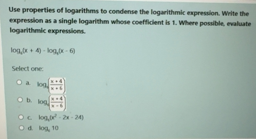Solved: Use properties of logarithms to condense the logarithmic ...