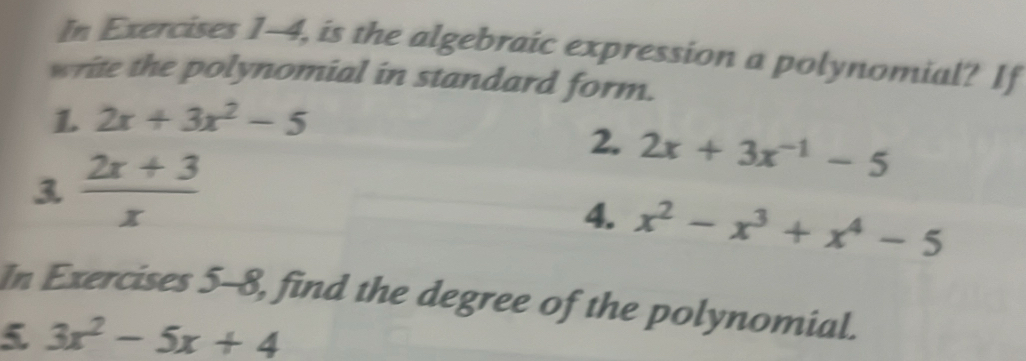 Solved: In Exercises 1-4, is the algebraic expression a polynomial? If write the polynomial in ...
