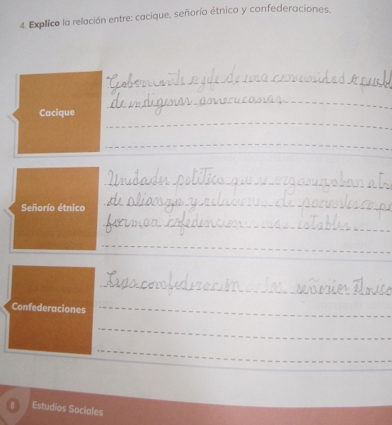 Resuelto:Explico la relación entre: cacique, señorío étnico y confederaciones. _ _ _ _ Cacique
