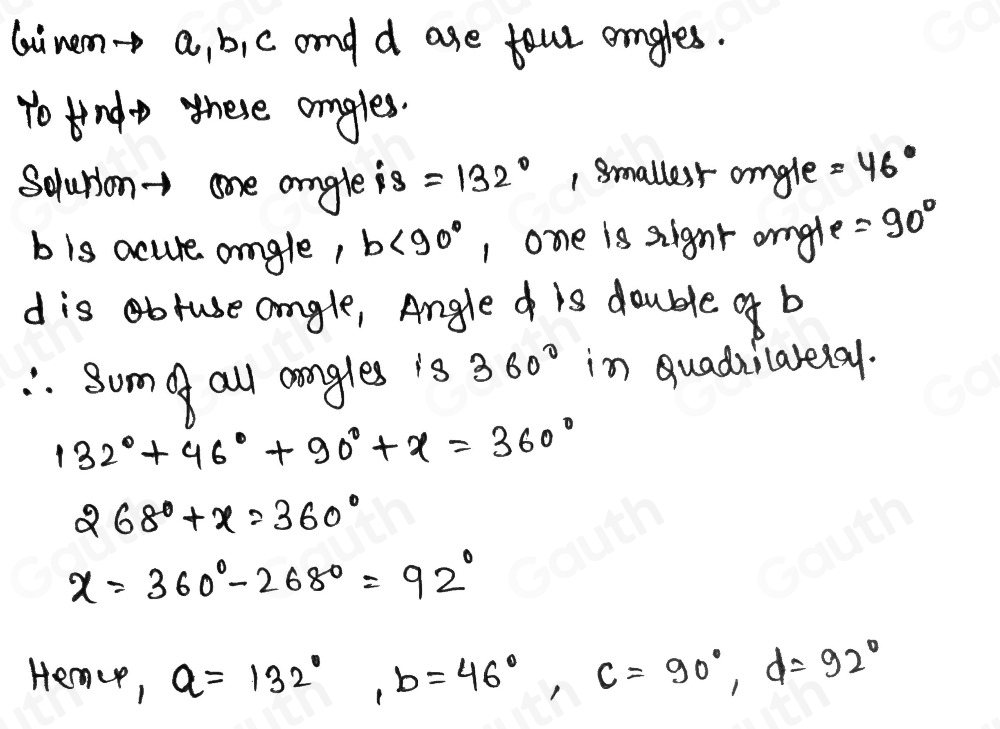 Solved: The four angles in a quadrilateral are a. b. c and d. Use the ...