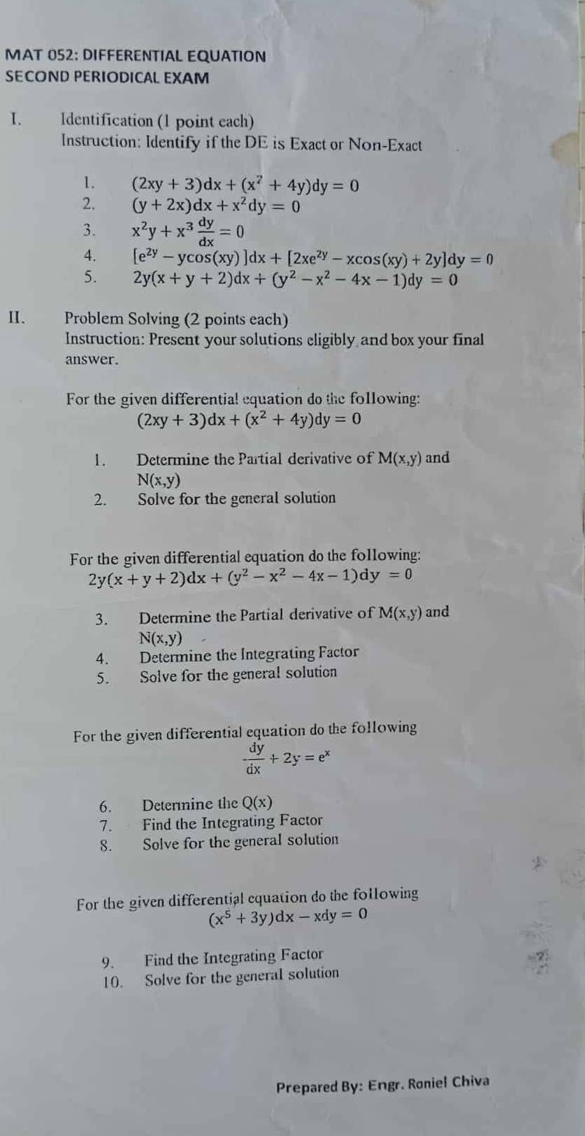 Solved: MAT 052: DIFFERENTIAL EQUATION SECOND PERIODICAL EXAM I ...