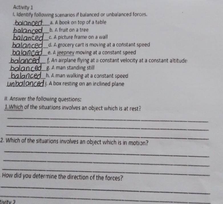 Solved: Activity 1 I. Identify following scenarios if balanced or ...